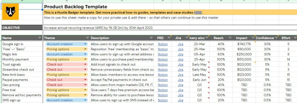 Product Backlog Template & Examples - Hustle Badger
